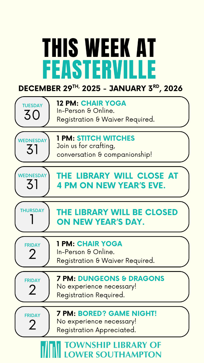 Dec 26 | This Week's Adult Programs at the Feasterville Library... | Lower Southampton, PA Patch